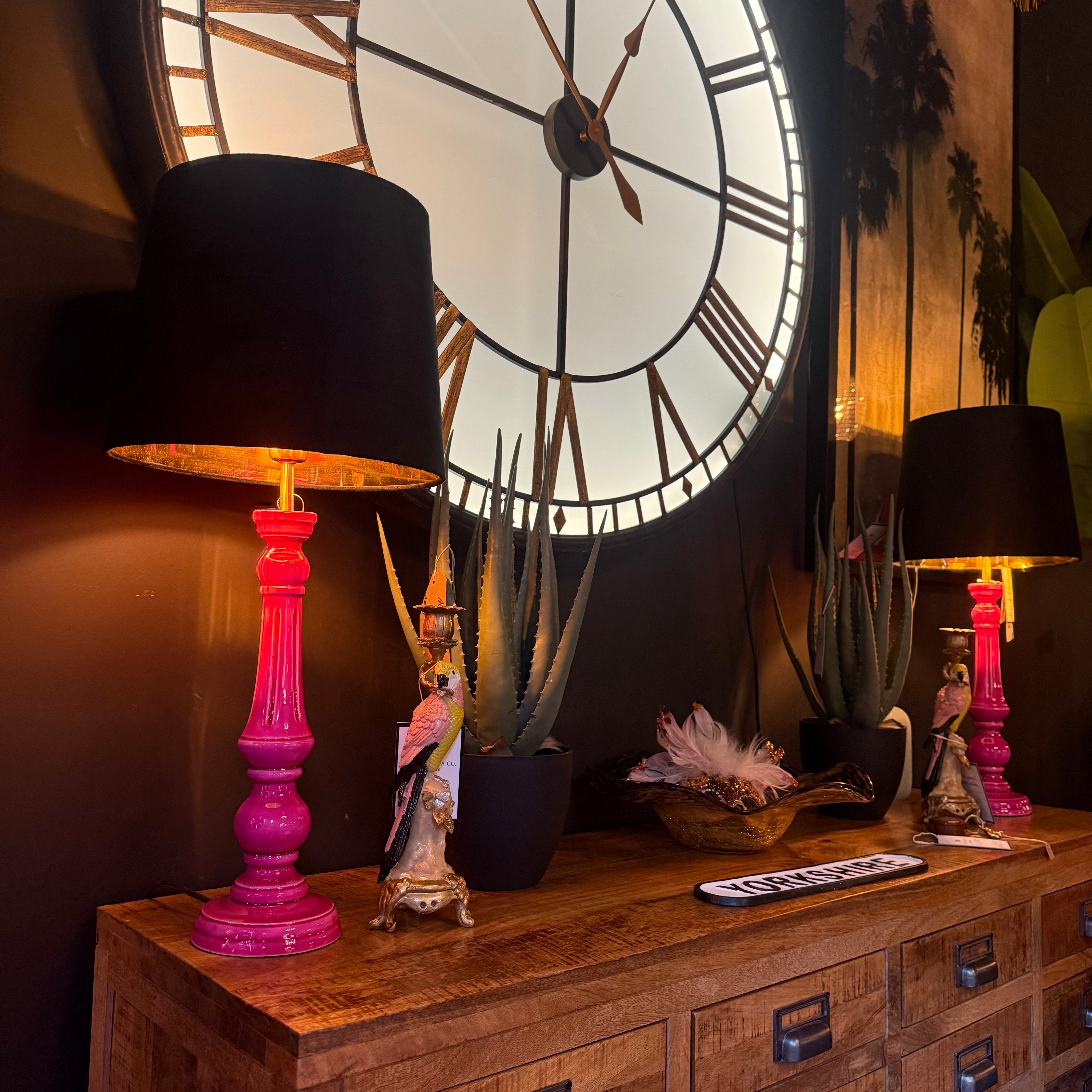 Gloss Wooden Pink Cerise Table Lamp with Metallic Shade – Vintage Sofa
