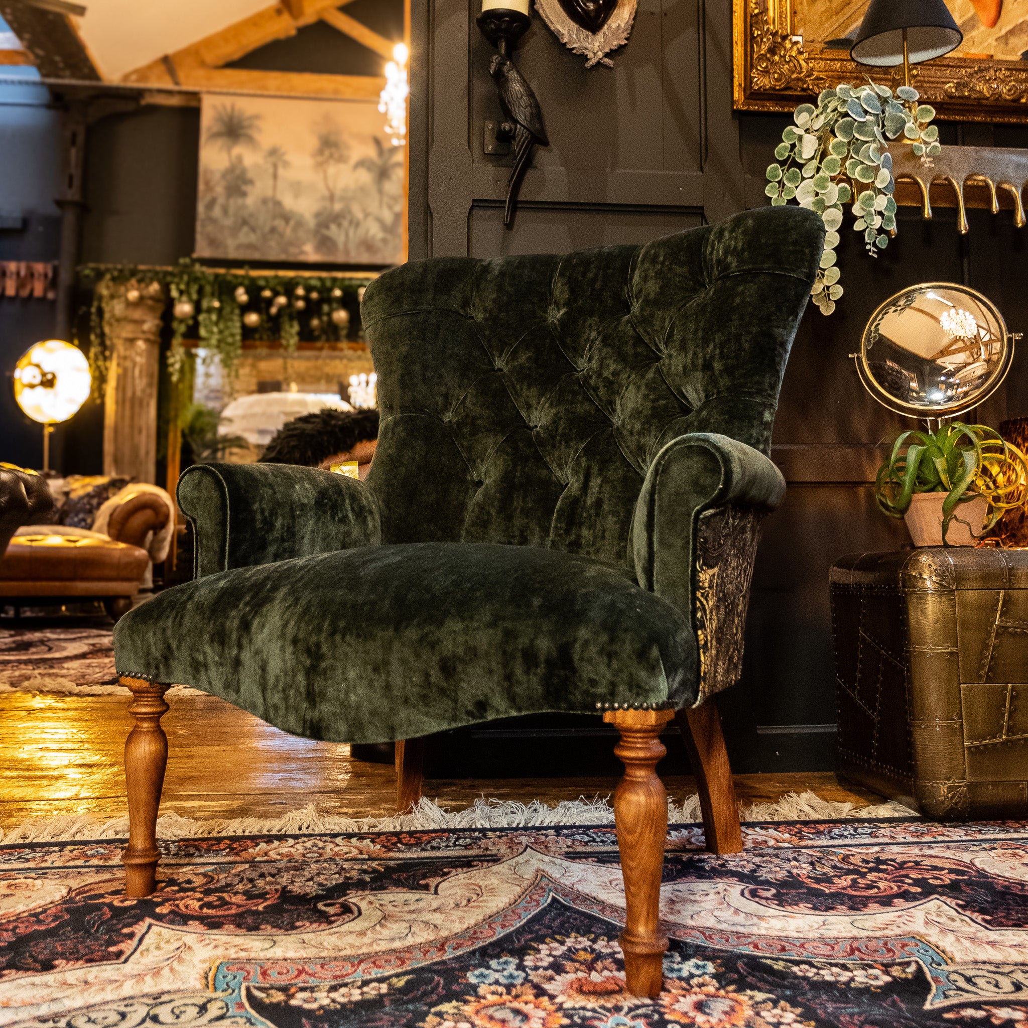 Selfridges Buttoned Wing Back Chair in Sunshine Emerald & Celestial Gi ...