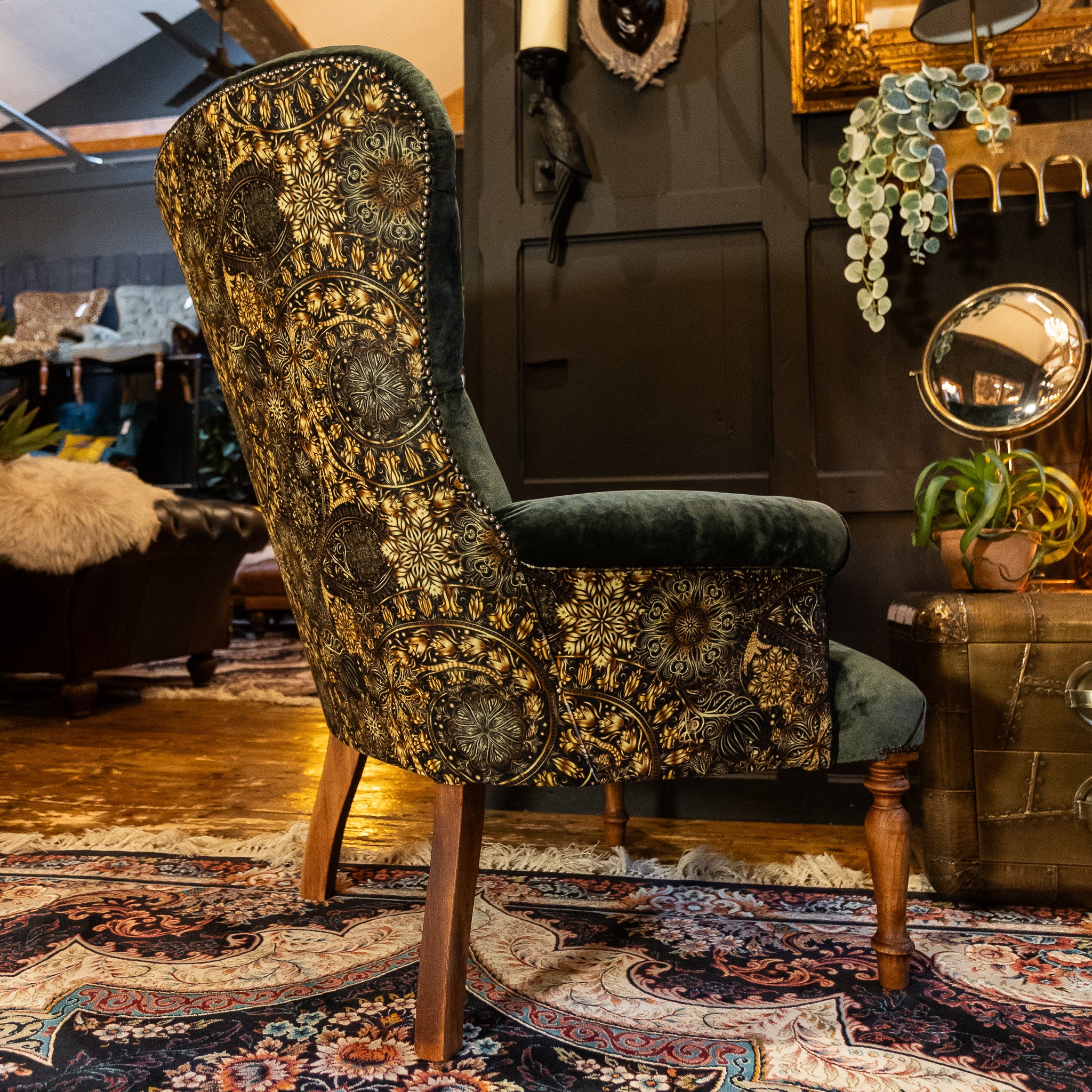 Selfridges Buttoned Wing Back Chair in Sunshine Emerald & Celestial Gi ...