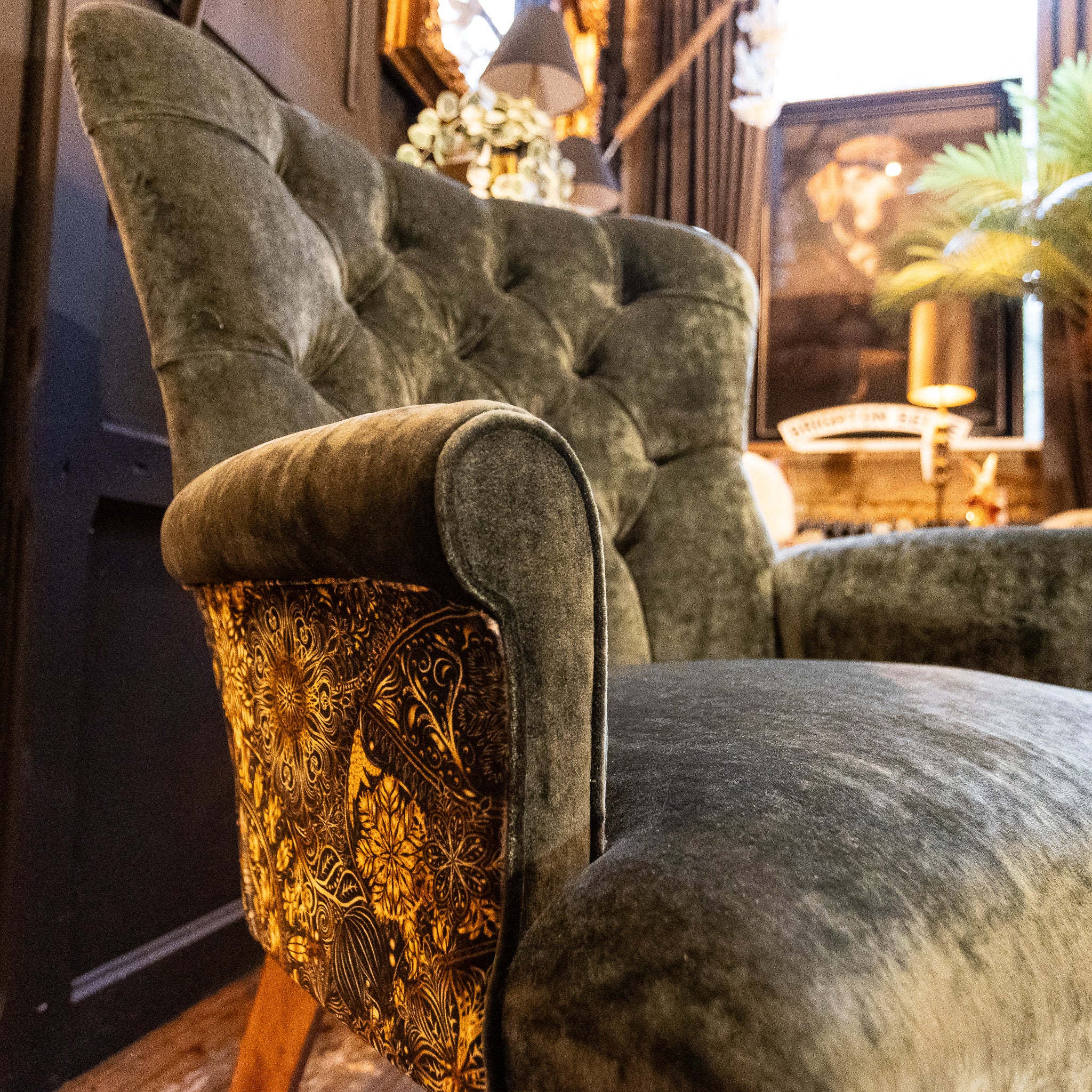 Selfridges Buttoned Wing Back Chair in Sunshine Emerald & Celestial Gi ...