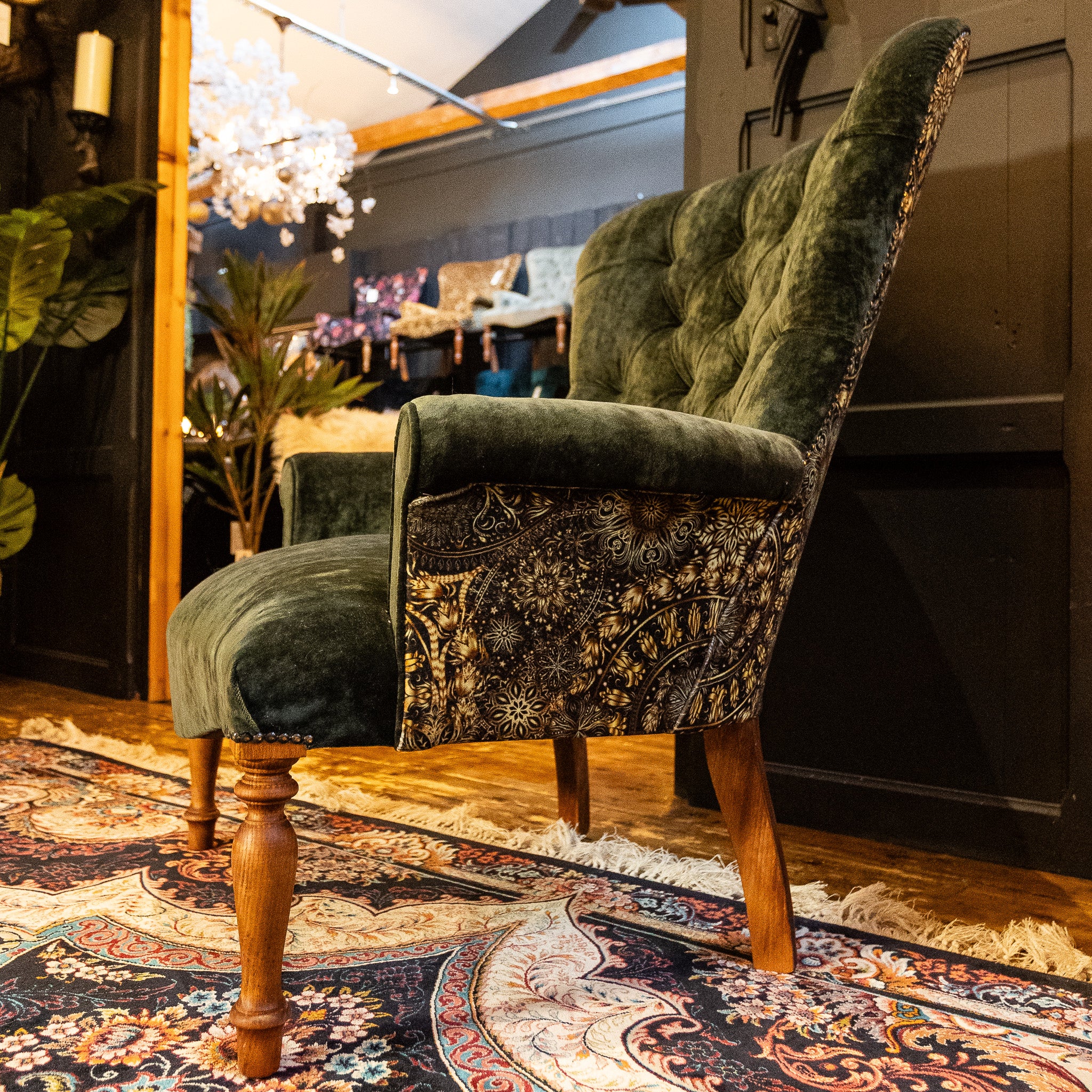 Selfridges Buttoned Wing Back Chair in Sunshine Emerald & Celestial Gi ...
