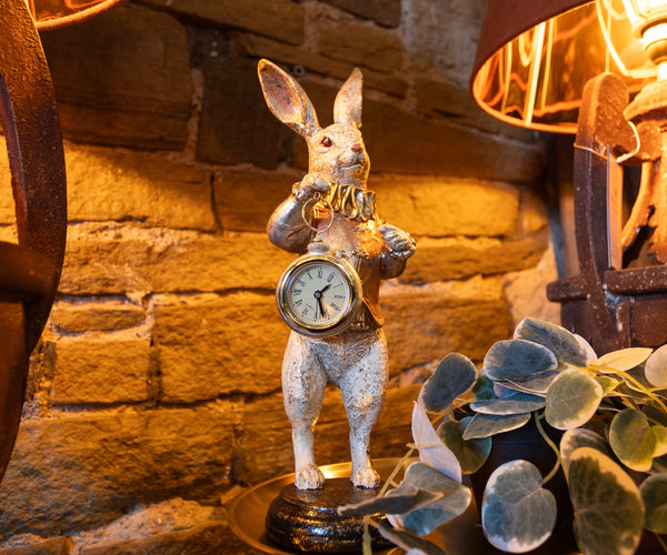 white rabbit standing clock