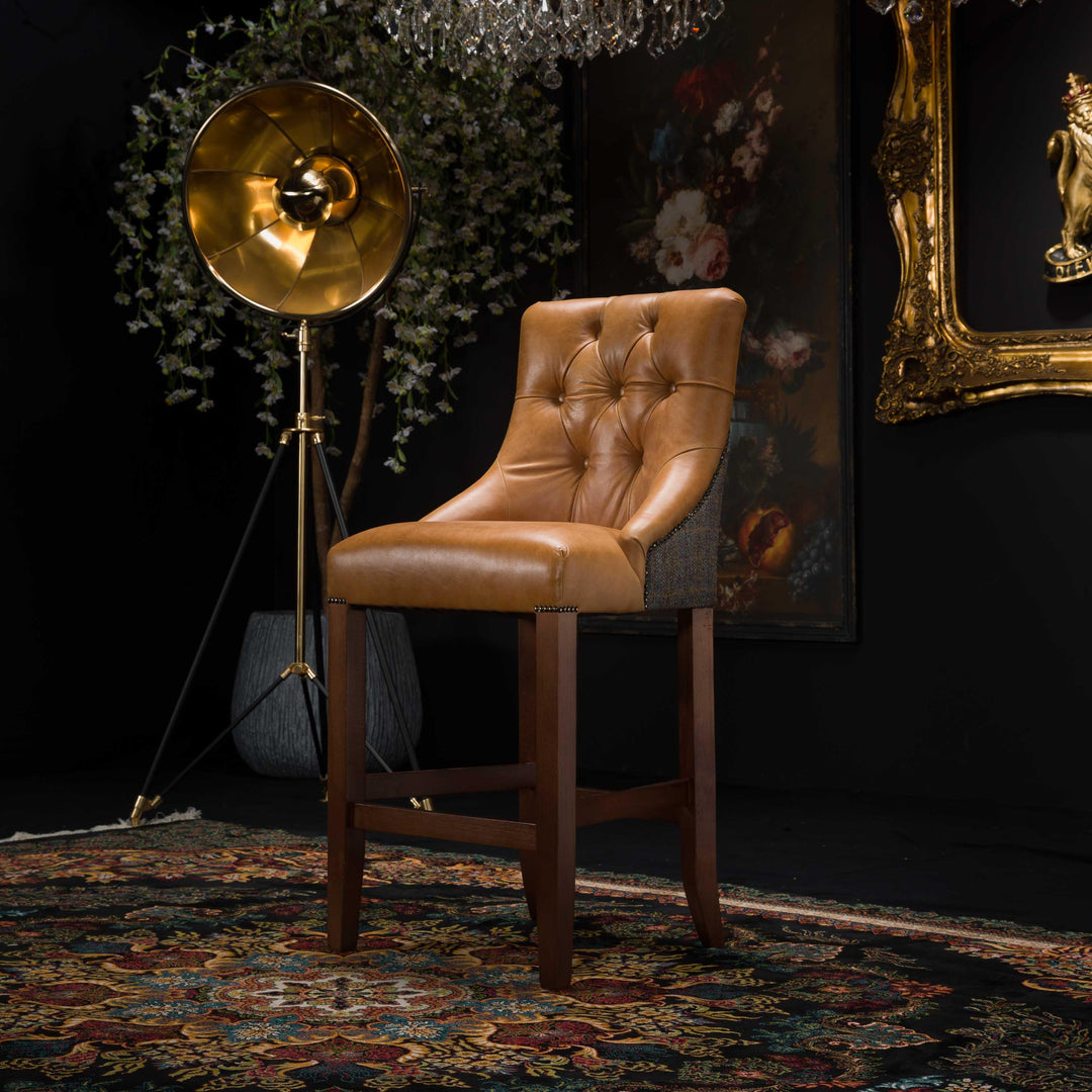 Oskar Chesterfield Bar Stool in Harris Tweed Grey & Tan Leather ...