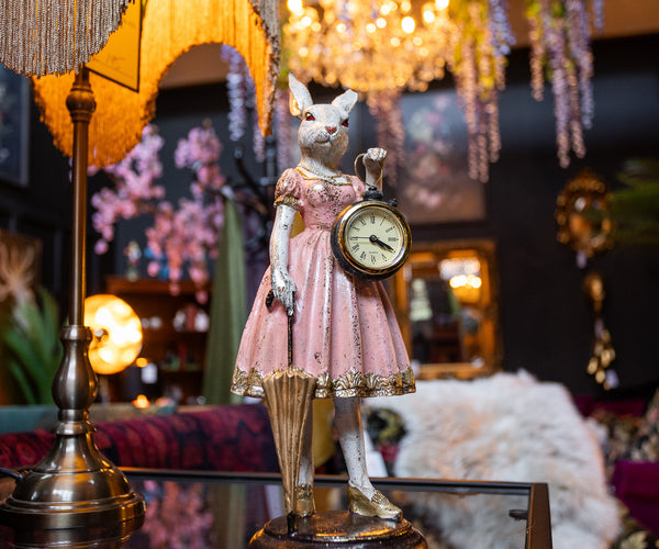 white rabbit standing clock